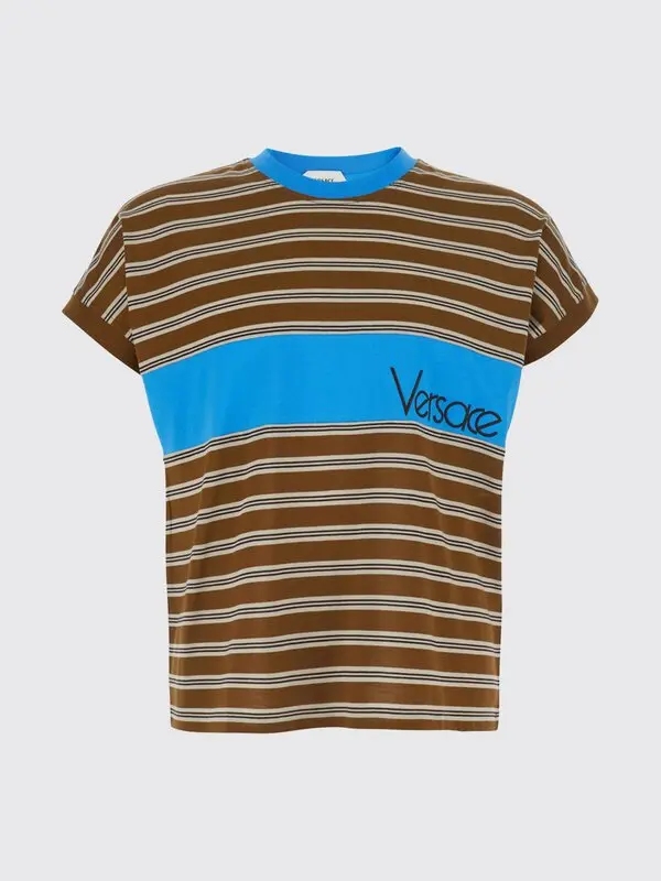 Versace Striped Cotton T-shirt With Crew Neck And Contrast Trims - Hazel