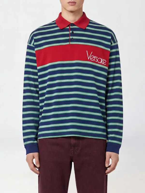 Versace Striped Long-sleeve Polo In Cotton With Ribbed Collar - Green