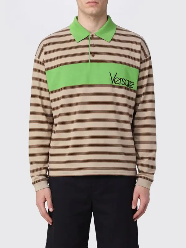 Versace Striped Long-sleeve Polo In Cotton With Ribbed Collar - Multicolor