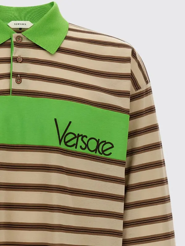 Versace Striped Long-sleeve Polo In Cotton With Ribbed Collar - Multicolor