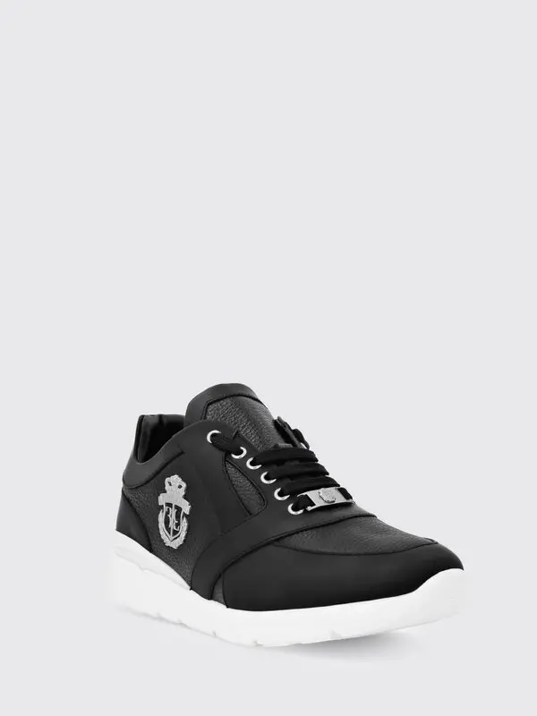BILLIONAIRE Crest Runner Sneakers In Smooth And Grained Leather With Metallic Logo - White 1