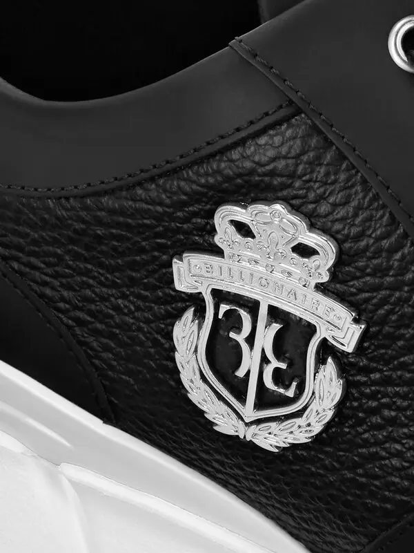 BILLIONAIRE Crest Runner Sneakers In Smooth And Grained Leather With Metallic Logo - White 1