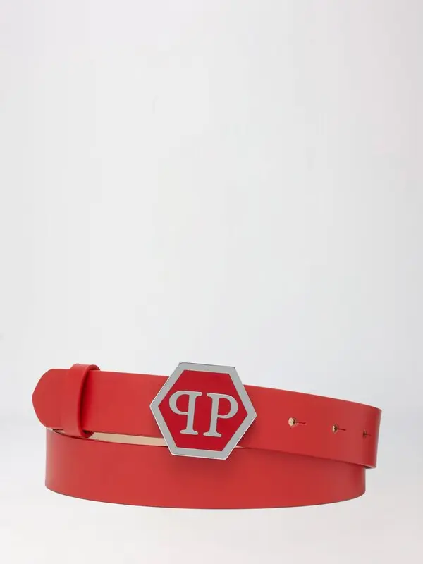 Philipp Plein Leather Belt With Hexagon Monogram Buckle - Red