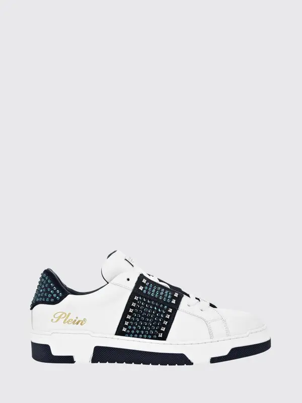Philipp Plein Low-top Trainers In Smooth Leather With Crystals And Laminated Logo - Blue