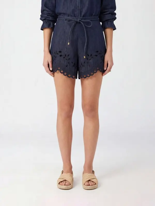 Zimmermann High-waisted Cotton Denim Shorts With Lace Inserts - Blue