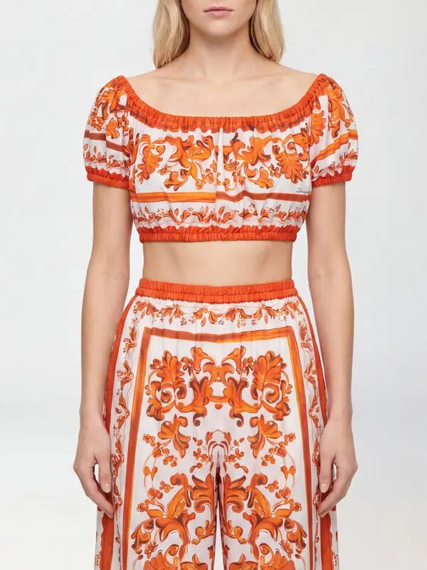 Dolce & Gabbana Cropped Top With Maioliche Print And Boat Neck - Multicolor