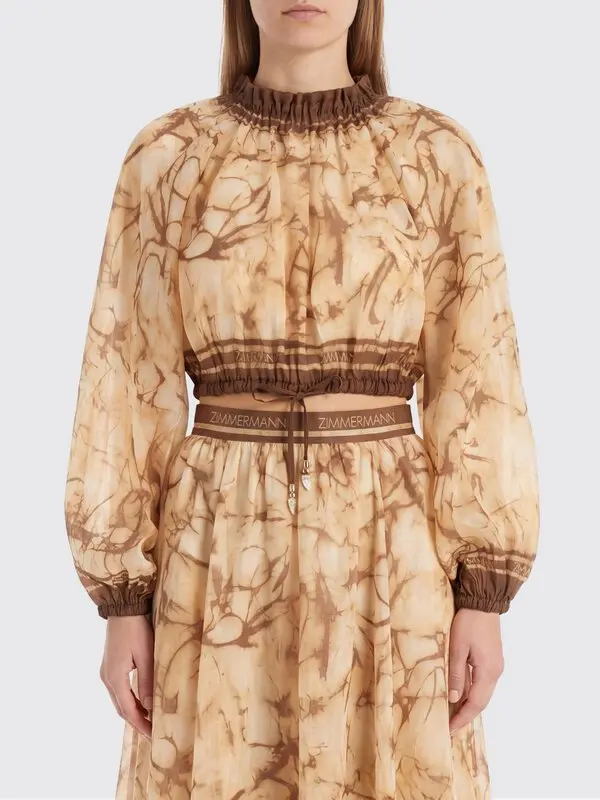 Zimmermann Cropped Abstract-print Ramie Blouse With Ruffled High Neck - Beige