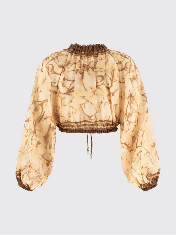 Zimmermann Cropped Abstract-print Ramie Blouse With Ruffled High Neck