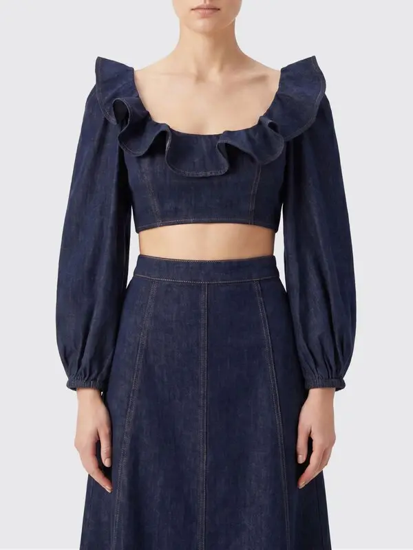 Zimmermann Cropped Long-sleeve Cotton Denim Top With Ruffles