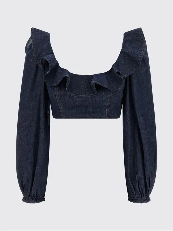 Zimmermann Cropped Long-sleeve Cotton Denim Top With Ruffles