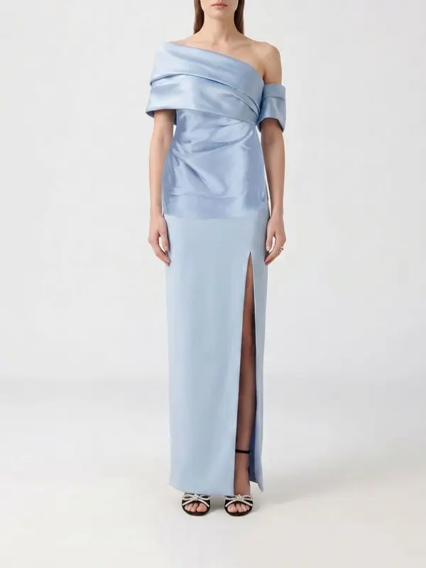 Solace London Asymmetric Off-the-shoulder Satin Sheath Long Evening Gown - Blue