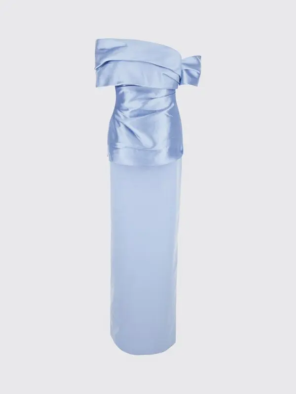 Solace London Asymmetric Off-the-shoulder Satin Sheath Long Evening Gown