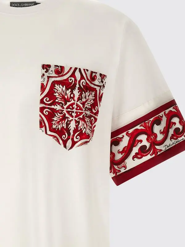 Dolce & Gabbana Cotton And Silk T-shirt With Majolica Print And Contrast Trim