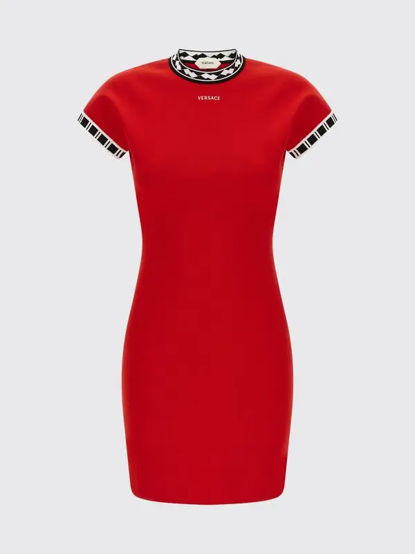 Versace Slim Fit Sheath Mini Dress In Cotton With Contrast Trims