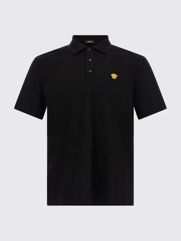 Versace Medusa Logo Cotton Polo Shirt With Ribbed Collar - Black