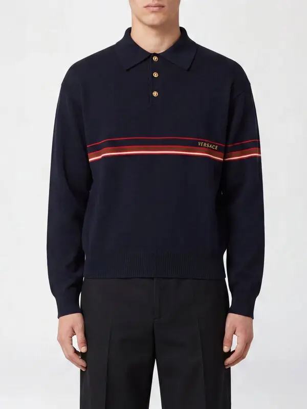 Versace Long-sleeved Knitted Cotton Polo Shirt With Contrast Logo