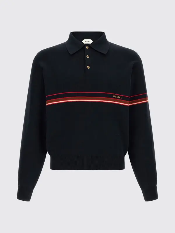 Versace Long-sleeved Knitted Cotton Polo Shirt With Contrast Logo