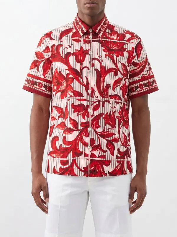 Dolce & Gabbana Bowling Shirt In Cotton With Striped Majolica Print