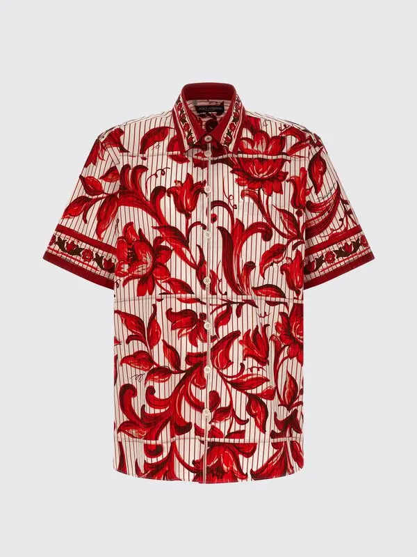 Dolce & Gabbana Bowling Shirt In Cotton With Striped Majolica Print