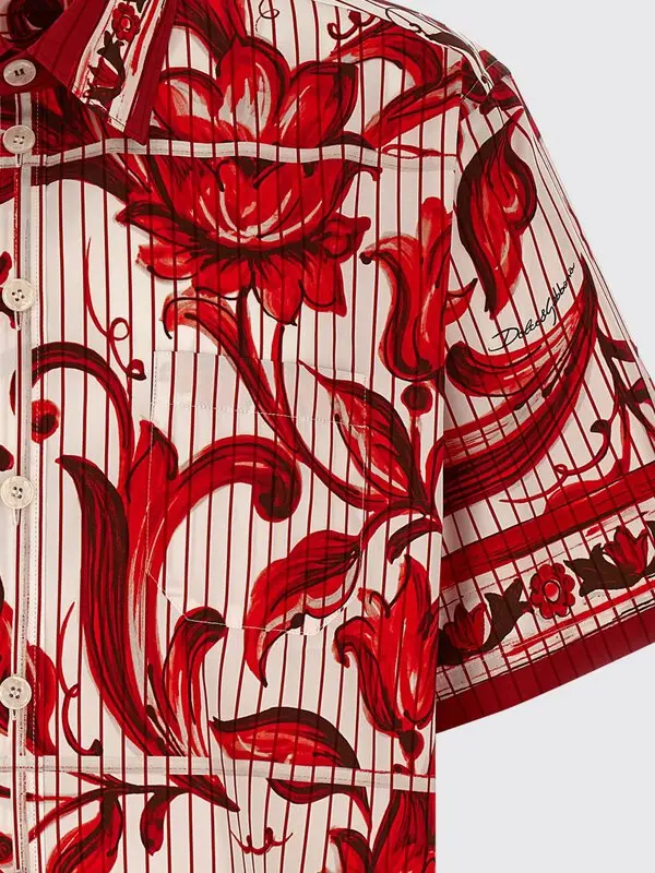 Dolce & Gabbana Bowling Shirt In Cotton With Striped Majolica Print