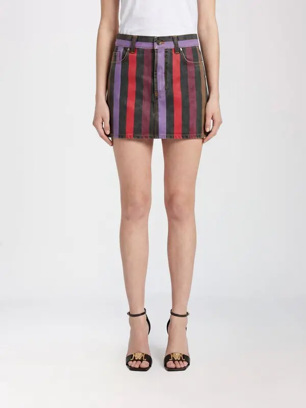 Versace Striped Cotton Denim Pencil Mini Skirt - Multicolor