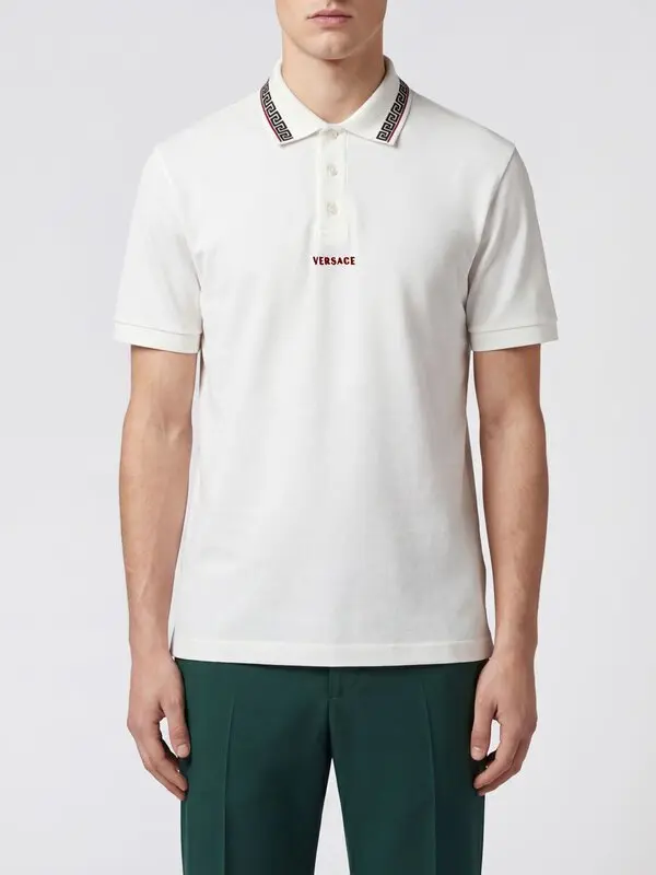 Versace Greca Pattern Cotton Polo Shirt With Contrast Embroidered Logo - White