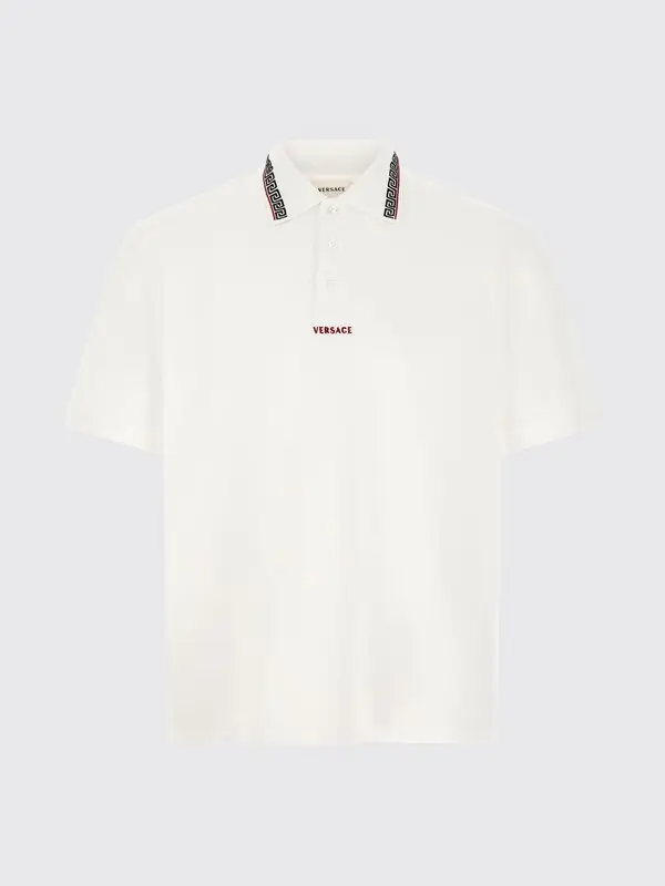 Versace Greca Pattern Cotton Polo Shirt With Contrast Embroidered Logo - White