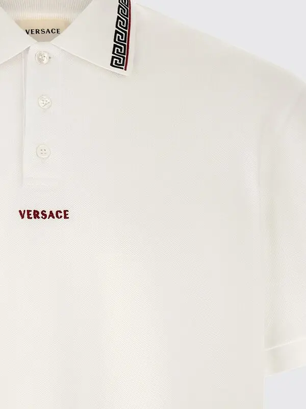 Versace Greca Pattern Cotton Polo Shirt With Contrast Embroidered Logo - White