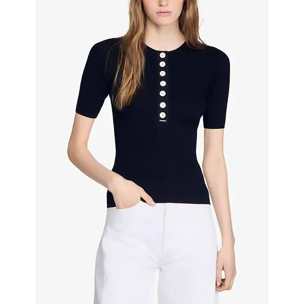 Sandro Ribbed Button-placket Short-sleeve Jumper - Black