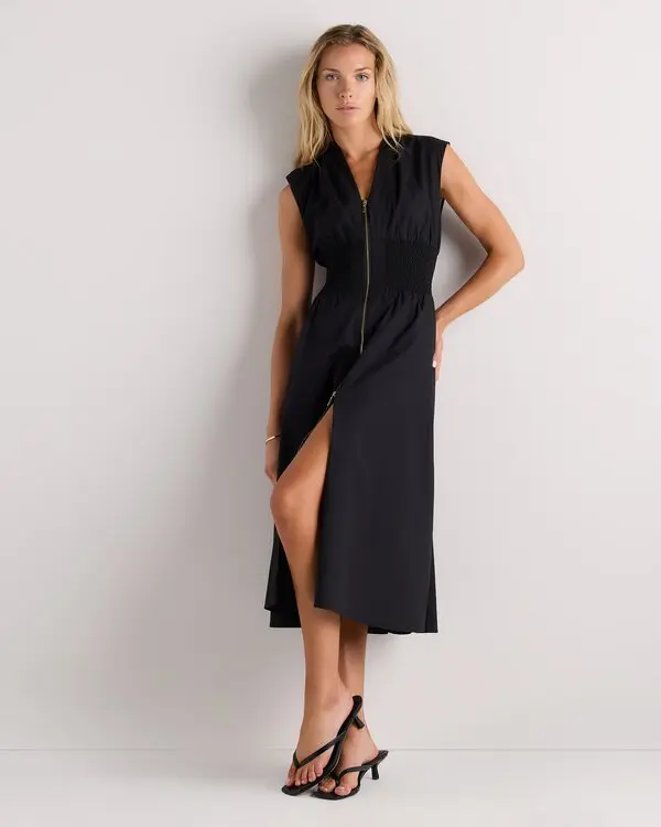 Quince Poplin Zip-front Midi Dress - Black