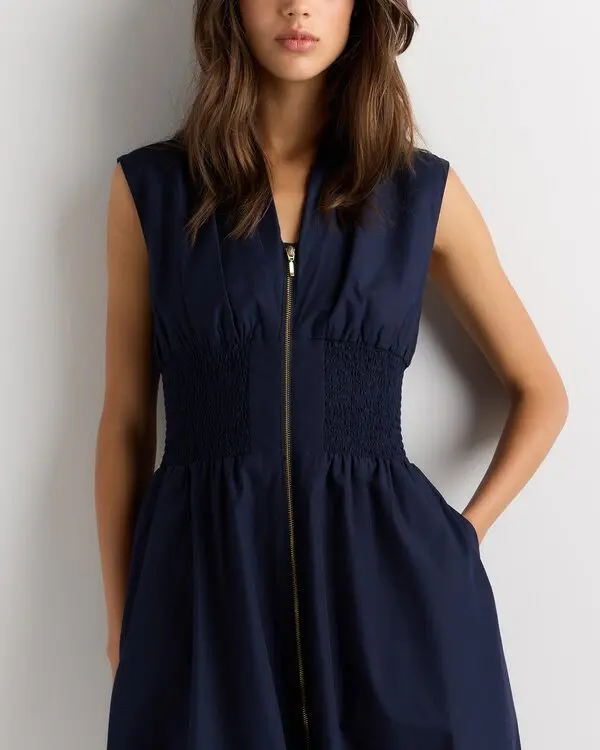 Quince Poplin Zip-front Midi Dress - Navy