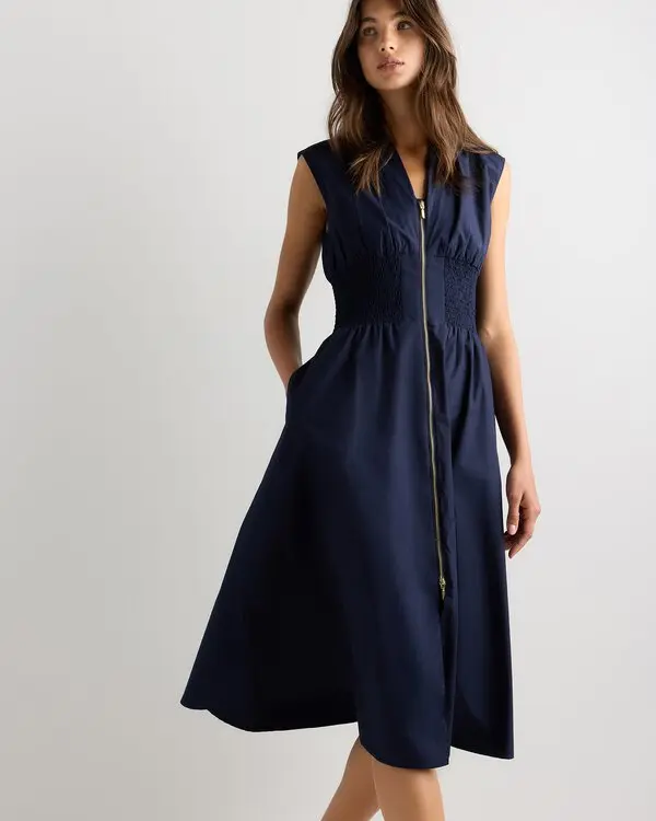 Quince Poplin Zip-front Midi Dress - Navy