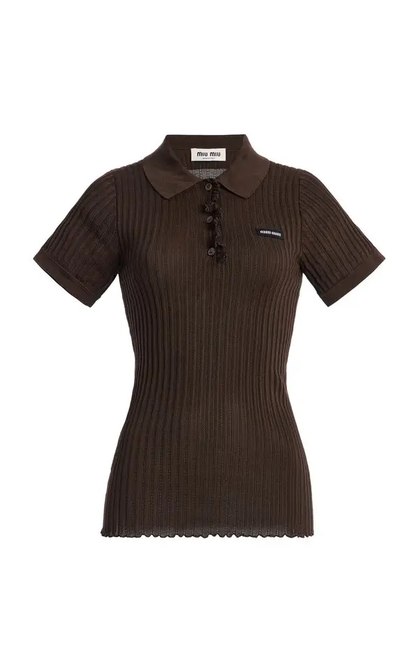 Miu Miu Ribbed Silk-blend Polo Shirt - Brown