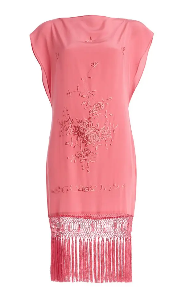 CONNER IVES Embroidered Silk Mini Dress With Fringe - Pink