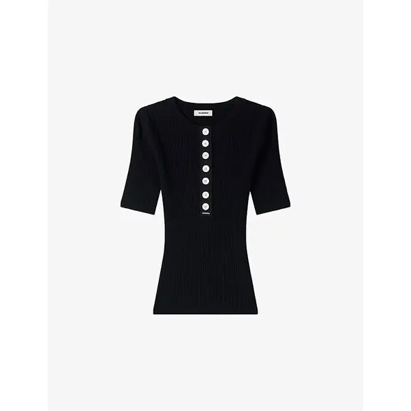 Sandro Short Sleeve Button-placket Ribbed Jumper - Black