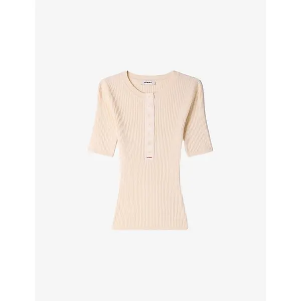 Sandro Button-placket Short-sleeve Ribbed Jumper - Ecru