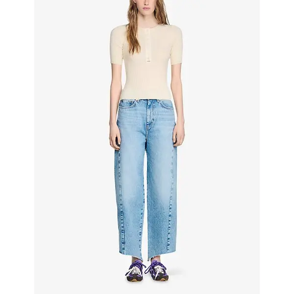Sandro Button-placket Short-sleeve Ribbed Jumper - Ecru