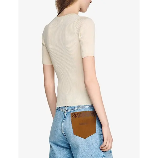 Sandro Button-placket Short-sleeve Ribbed Jumper - Ecru