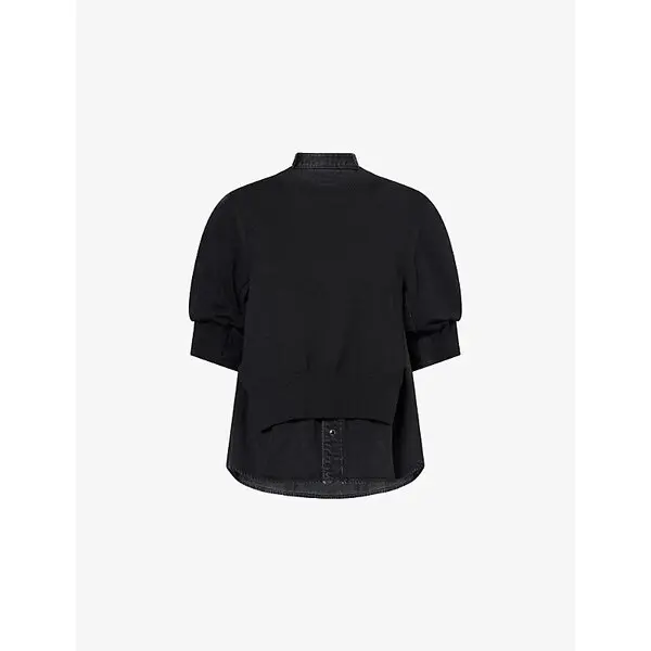 Sacai Short-sleeve Layered Cotton-knit And Denim Top - Black
