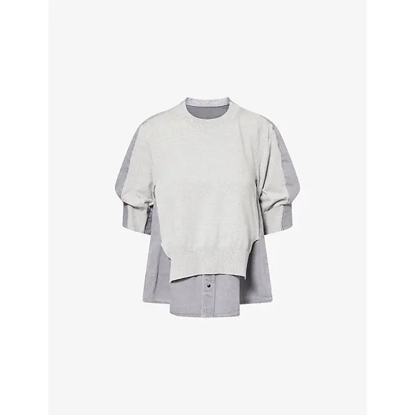 Sacai Short-sleeve Layered Cotton-knit And Denim Top - Gray