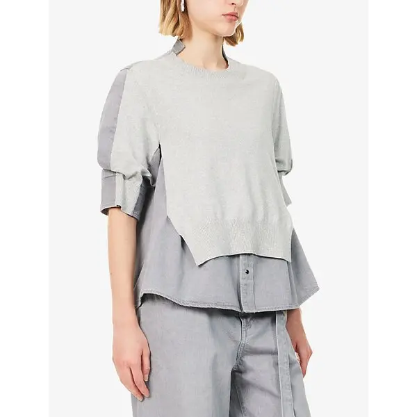 Sacai Layered Cotton-knit And Denim Top