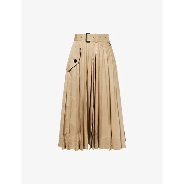 Sacai Belted Pleated Cotton-garbadine Midi Skirt - Beige