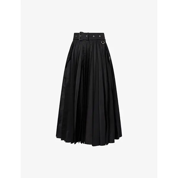 Sacai Belted Pleated Cotton-garbadine Midi Skirt - Black