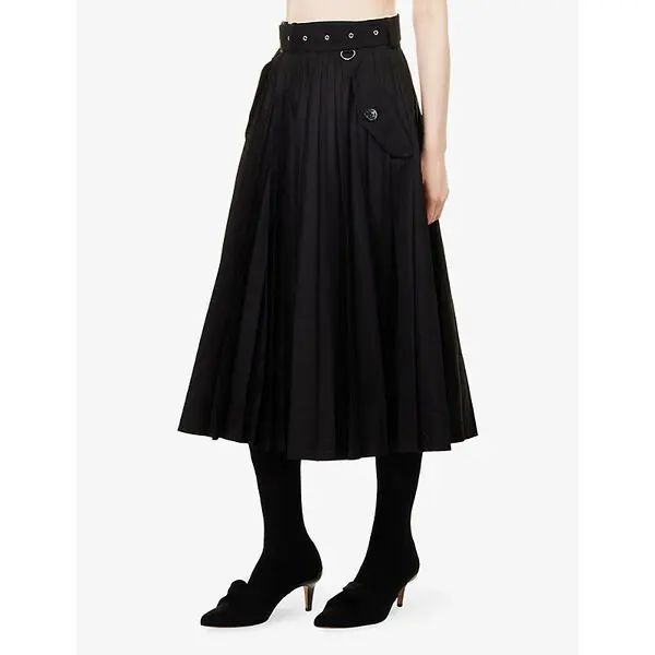 Sacai Belted Pleated Cotton-garbadine Midi Skirt - Black