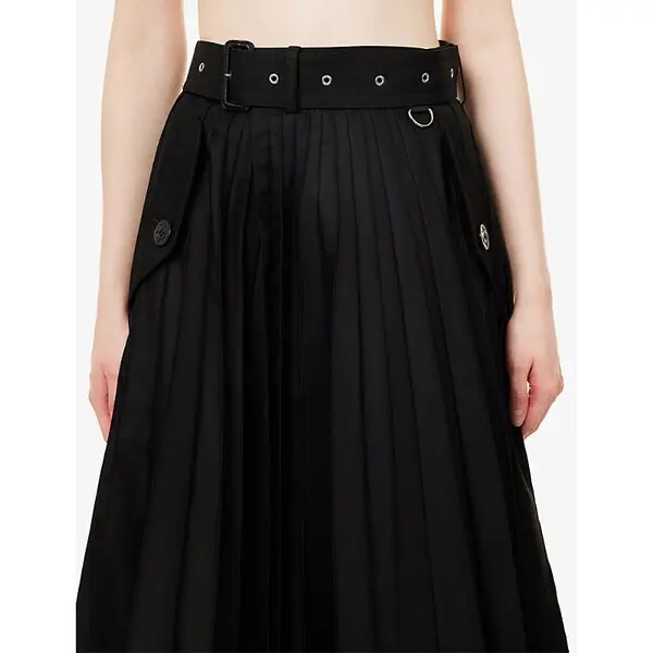 Sacai Belted Pleated Cotton-garbadine Midi Skirt - Black