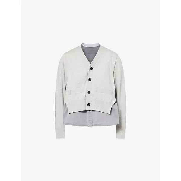 Sacai Contrast-panelled Denim And Cotton-knit Cardigan - Gray