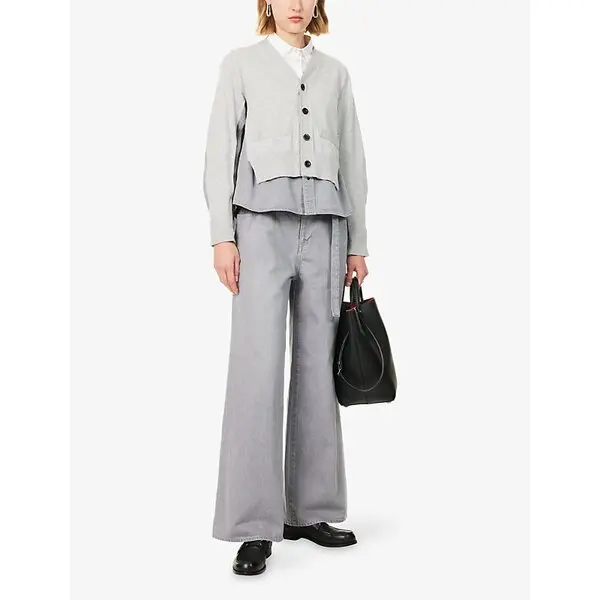 Sacai Contrast Panelled Denim And Cotton-knit Cardigan - Gray
