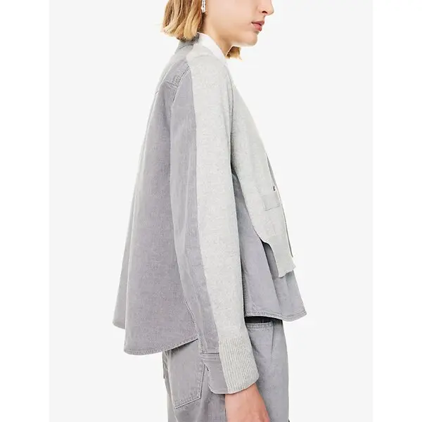 Sacai Contrast Panelled Denim And Cotton-knit Cardigan - Gray
