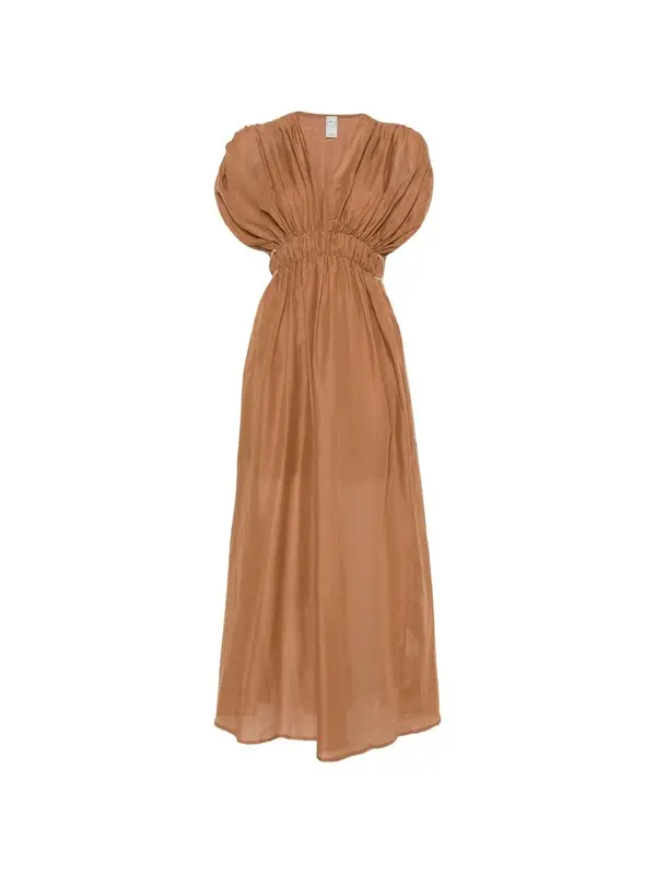 120% Lino V-neck Mini Dress With Gathered Details And Adjustable Ties - Marrone