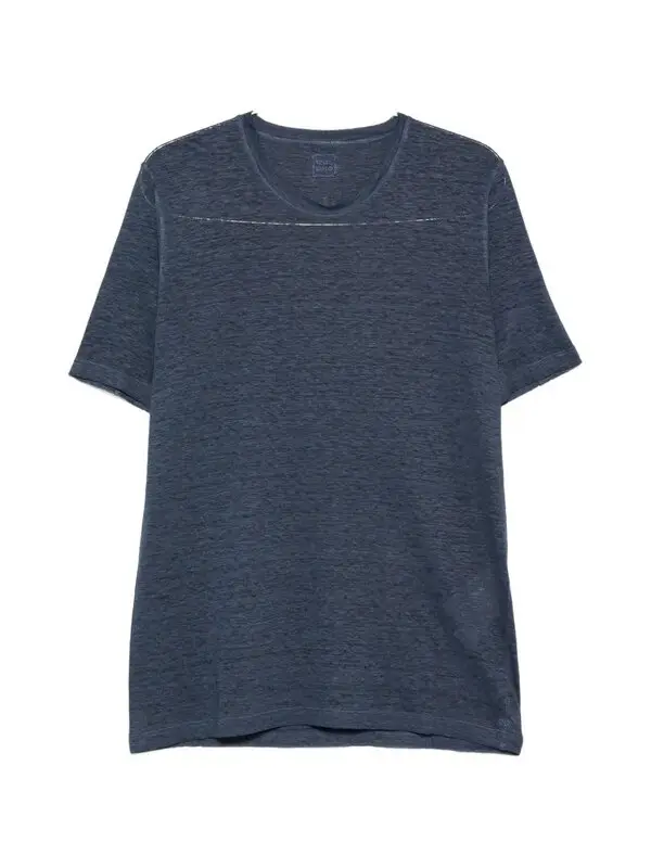 120% Lino 100% Linen Crew Neck Embroidered Logo Short Sleeve T-shirt - Blu